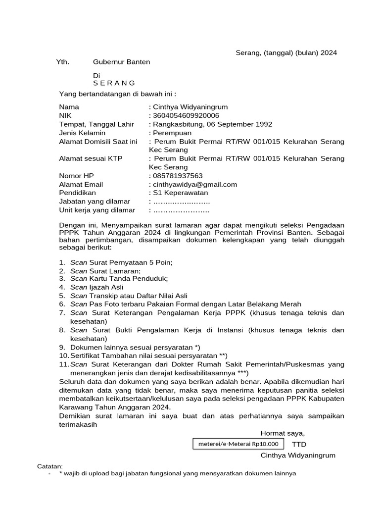 Format-Surat-Lamaran-Pppk-2024 Cinthya | PDF
