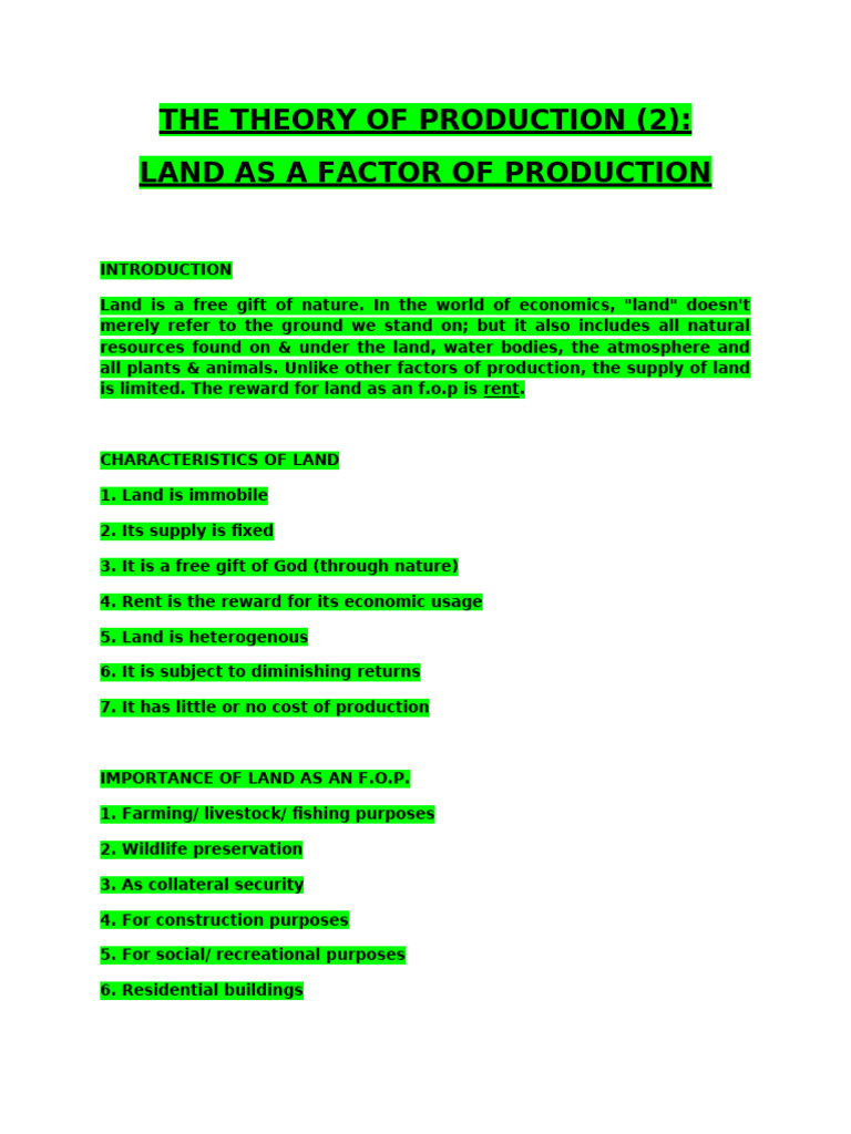 Understanding Land as a Factor of Production | PDF | Economics ...