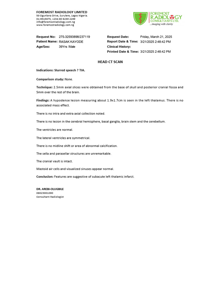 Head CT Scan Report: Thalamic Infarct | PDF