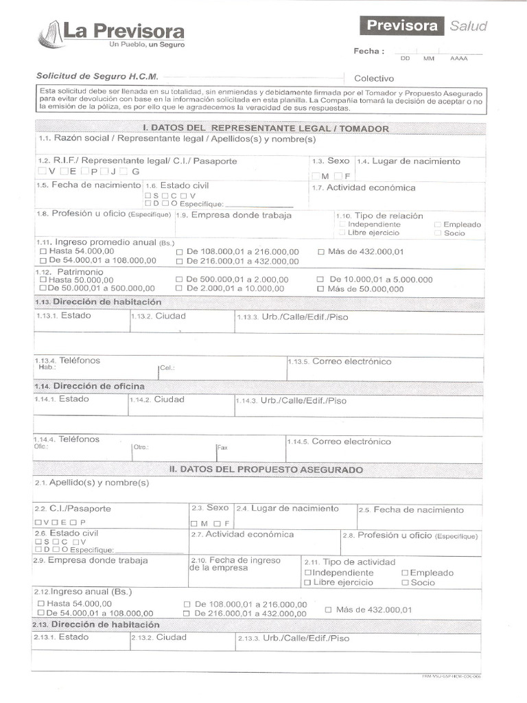 Planilla de Seguros Caracas | PDF