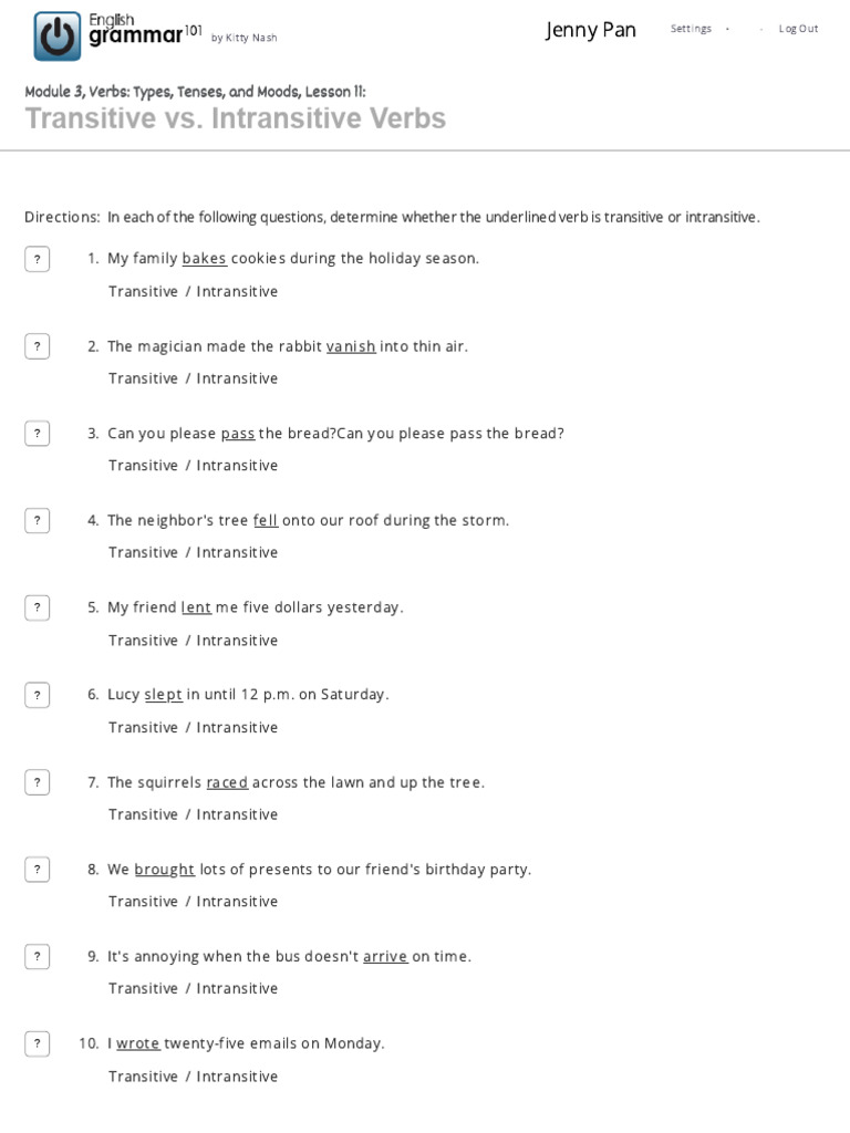 Transitive vs. Intransitive Verbs: Module 3, Verbs: Types, Tenses, and ...
