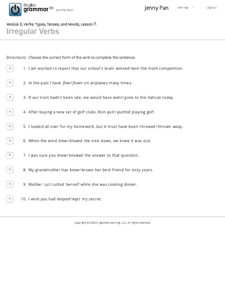 Irregular Verbs: Module 3, Verbs: Types, Tenses, and Moods, Lesson 7 | PDF