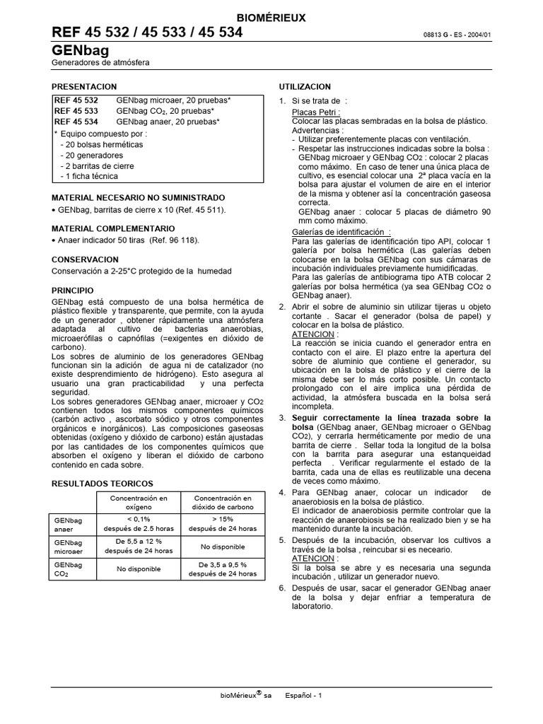 Genbag Anaer 20 Sachets - Inserto | PDF | Dióxido de carbono | Oxígeno