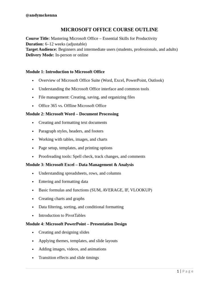 Microsoft Office Course Outline Pdf Microsoft Excel Microsoft Office