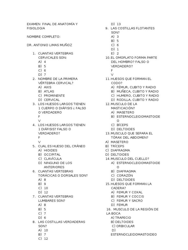 Examen Final de Anatomia y Fisio | PDF | Sistema musculoesquelético ...