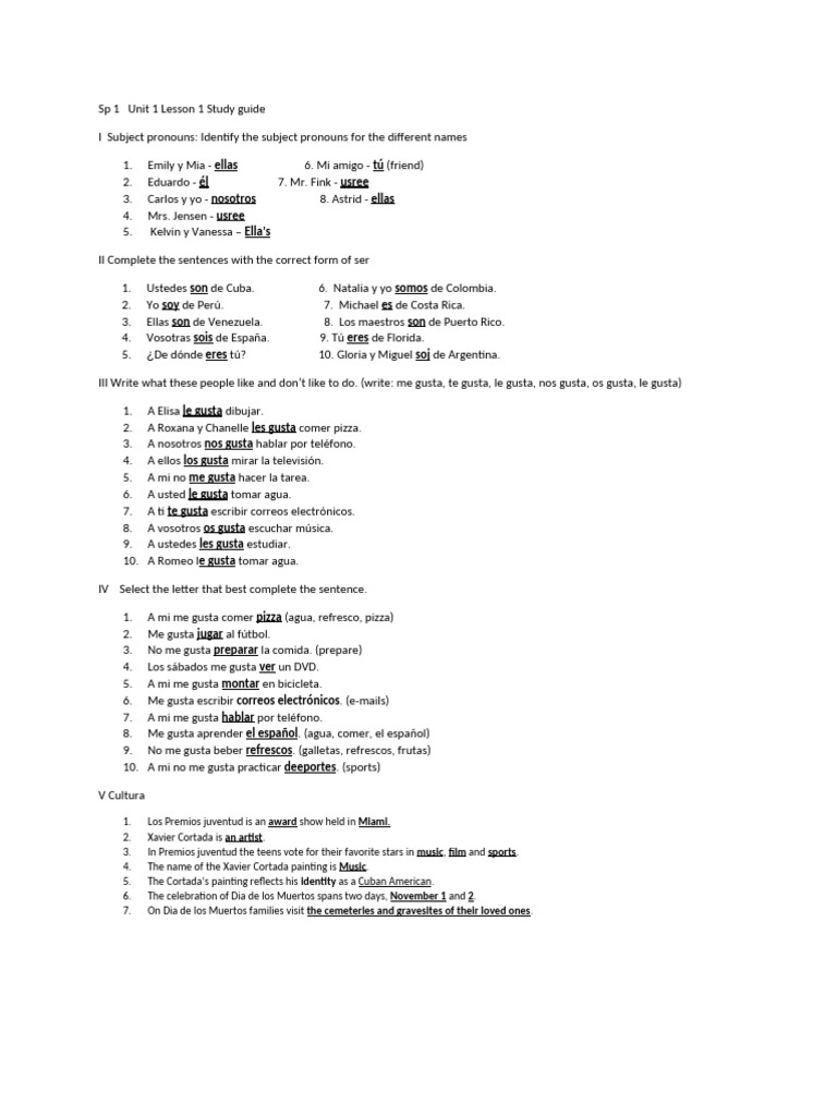 Spanish 1 Study Guide U1 L1 2024-25 | PDF