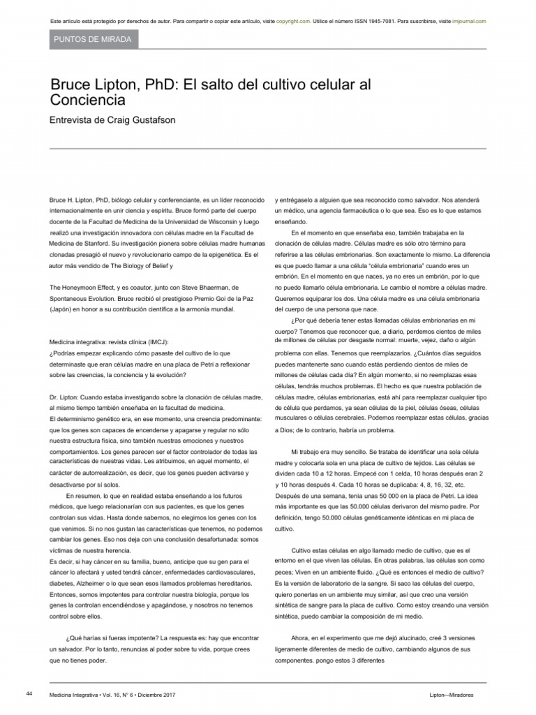 Artículo Bruce Lipton ESPAÑOL | PDF | Mente | Cáncer