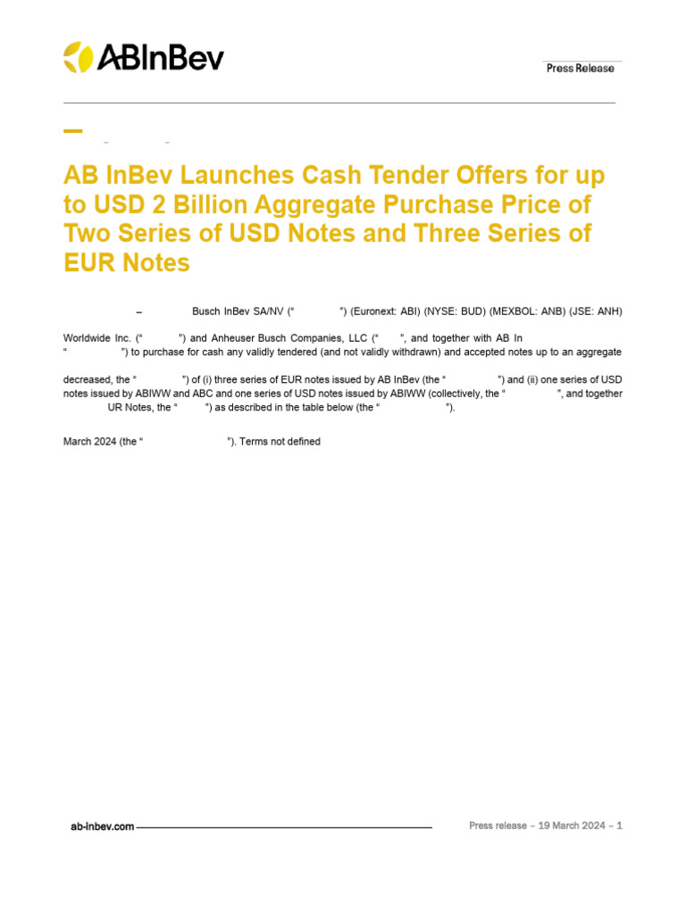ABI - Q1 2024 Tender Offer - Launch Press Release EN | PDF | Legal Tender