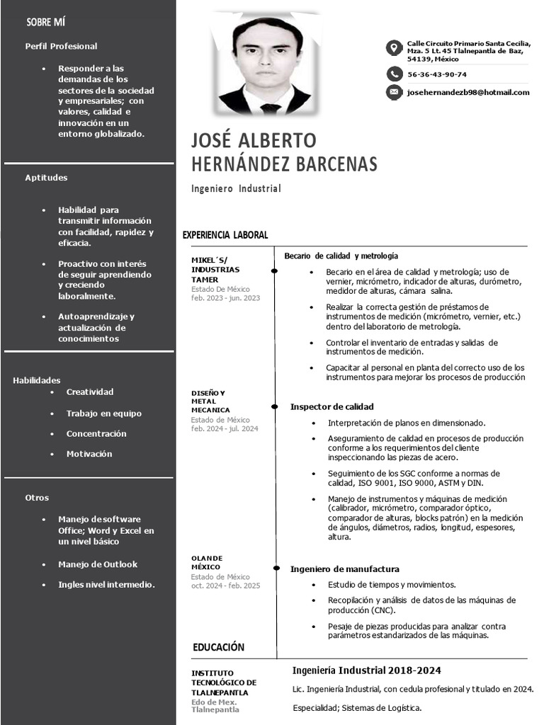 02marzo2025 Curriculum Vitae Jose Alberto Hernandez Barcenas | PDF | Metrología | Ingeniería ...