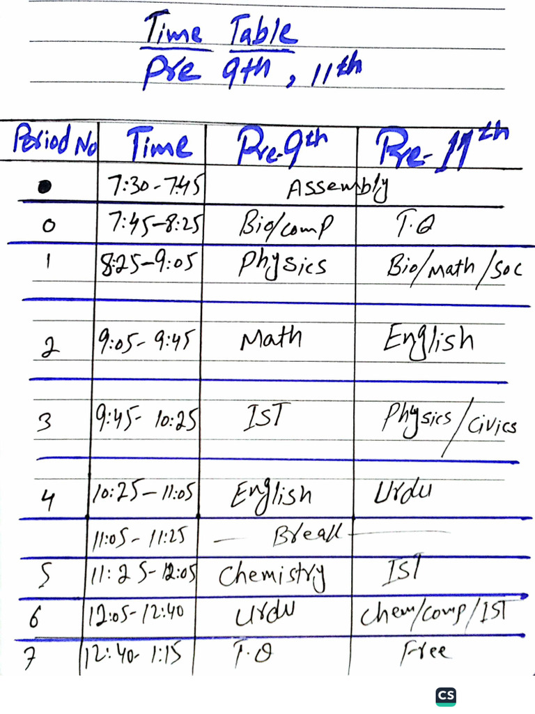 Timetable Pre-9th Pre-11th | PDF