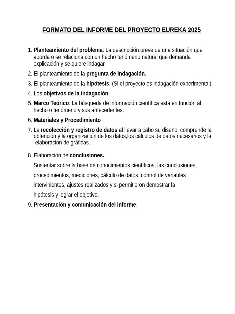 Formato Del Informe Del Proyecto Eureka 2025 | PDF