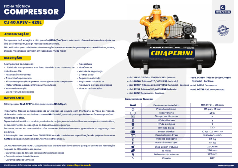 Compressor CJ 40 AP3V - 425L e Especificações | PDF | Motores