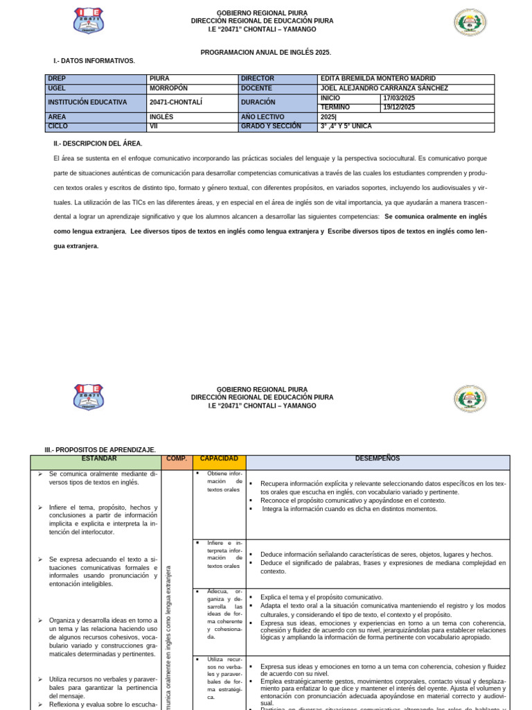 Programac Anual 3 4 5ingles | PDF | Aprendizaje | Entorno natural