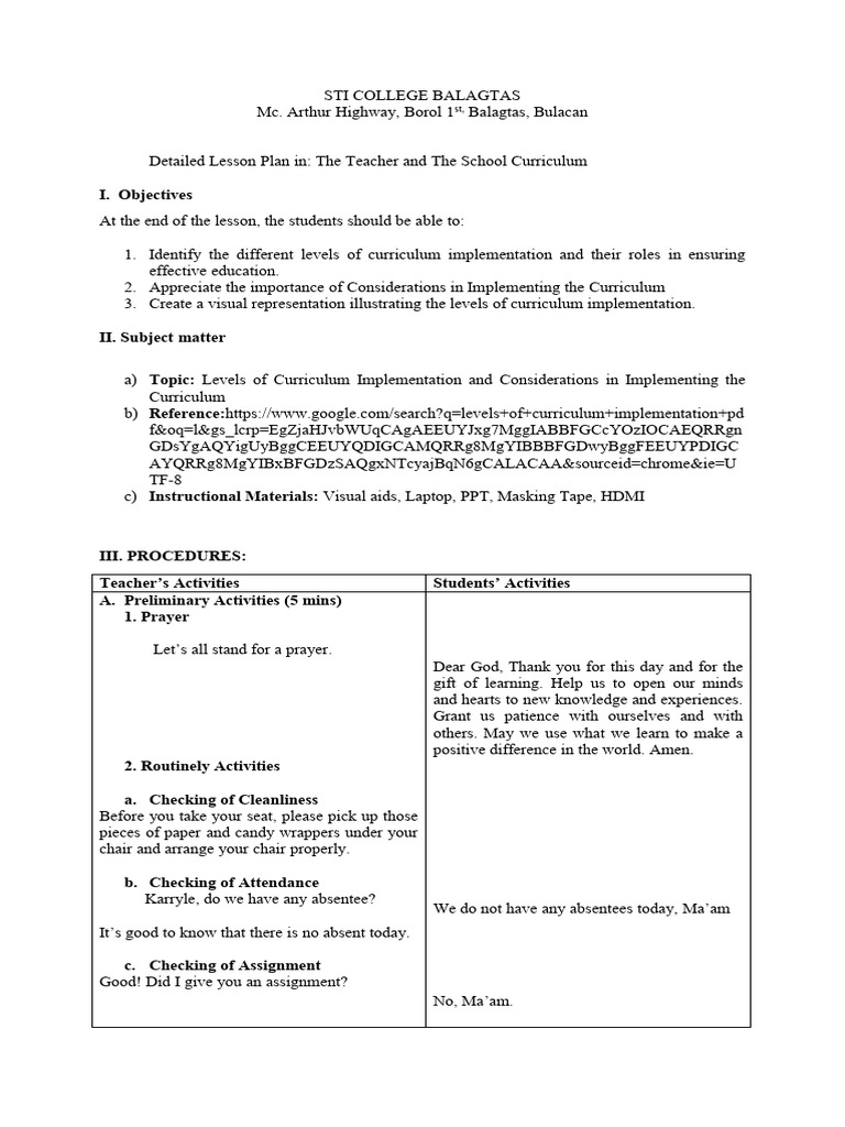 Levels in Implementing The Curriculum | PDF | Curriculum | Teachers
