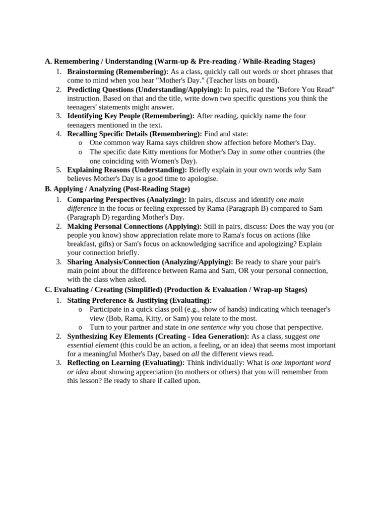 Bloom's Taxonomy Activities for Mother's Day | PDF | Feeling | Adolescence
