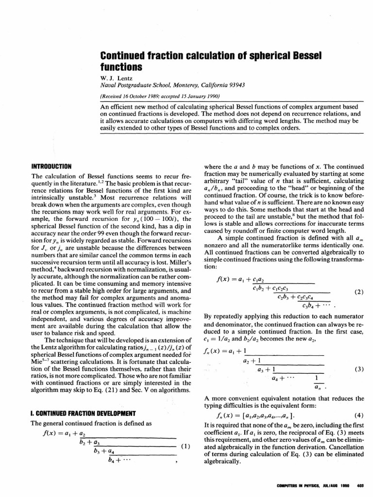 Continued Fraction Calculation of Spherical Bessel Functions | PDF | Multiplication | Mathematics