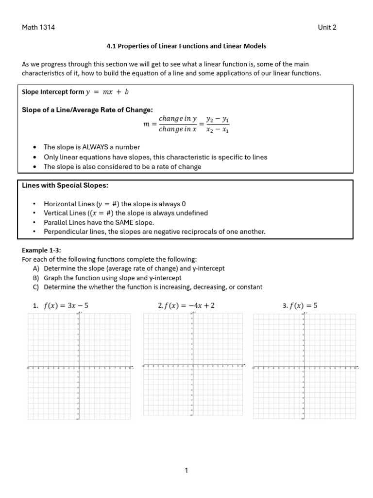 Math 1314 - Unit 2 Notes Blank | PDF | Slope | Mathematical Concepts