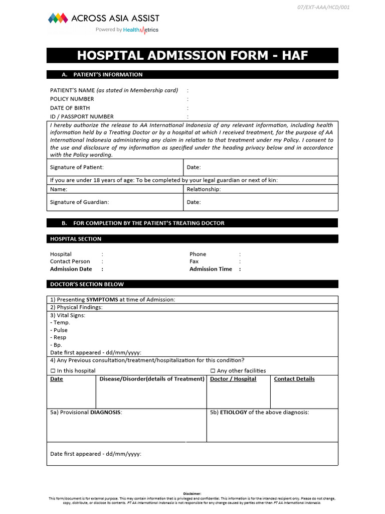 Hospital Admission Form (HAF) | PDF | Surgery | Medical Diagnosis
