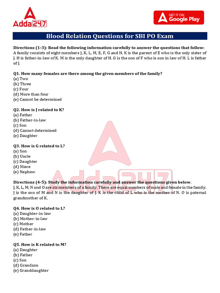 Blood Relation Questions For SBI PO Exam | PDF | Family | Human Development