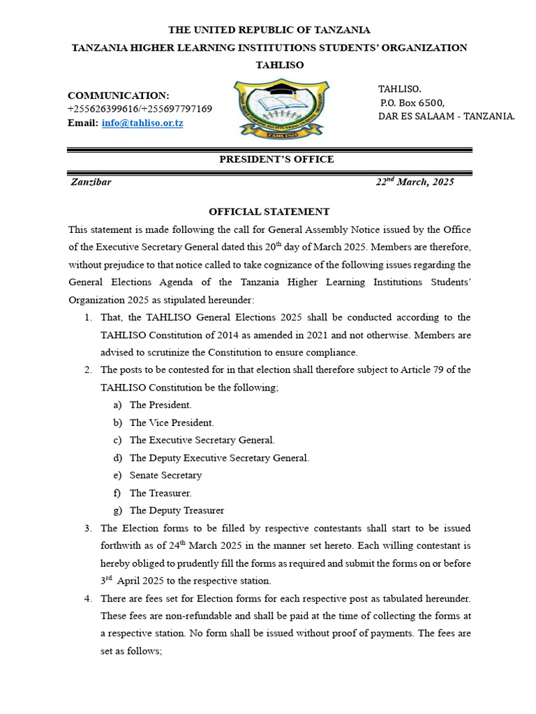TAHLISO 2025 General Elections Notice | PDF | Tanzania | Legal Documents