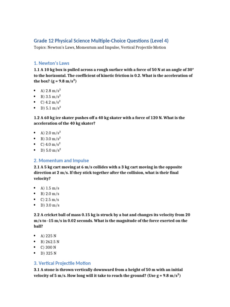 Grade12 Physical Science Level4 MCQs | PDF