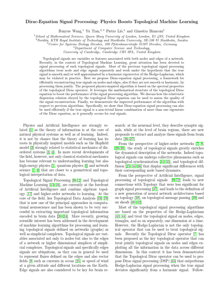 Dirac Equation Signal Processing Physics Boosts Topological Machine Learning - 1 | PDF ...