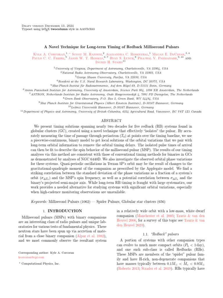 A Novel Technique For Long-Term Timing of Redback Millisecond Pulsars | PDF | Astronomy ...