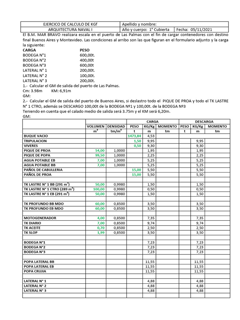 Ejercicio de Arquitectura Naval I - 05.11.2021 - NRO 2 | PDF ...