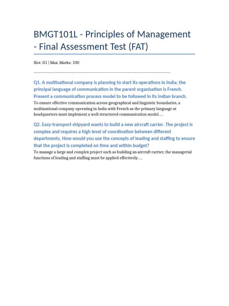BMGT101L FAT Answers | PDF