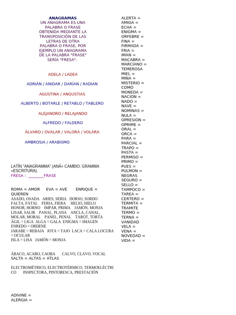 Anagramas: Ejemplos y Definición | PDF