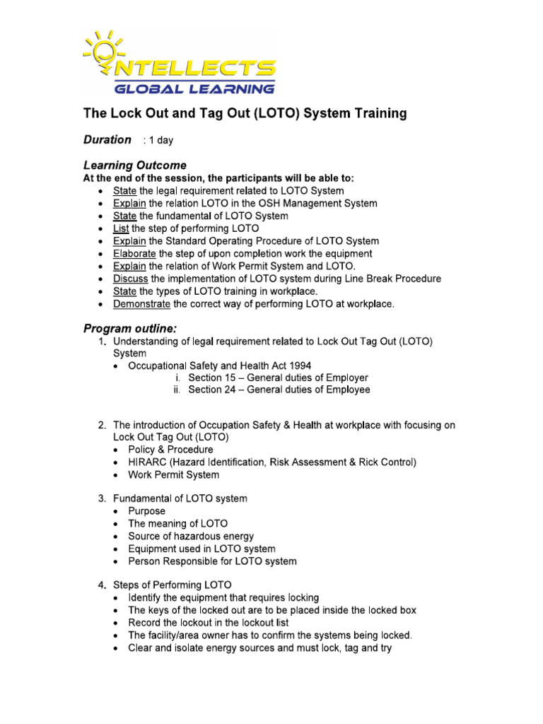 Course Outline & Trainer Profile - LOTO | PDF