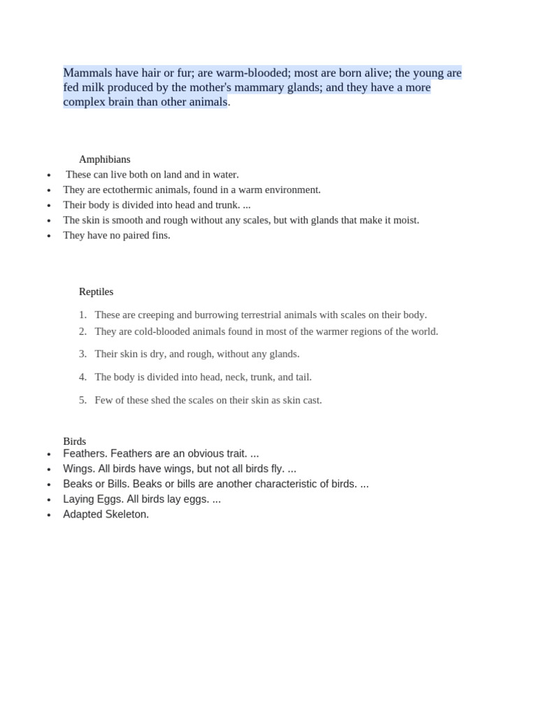 Characteristics of Mammals | PDF
