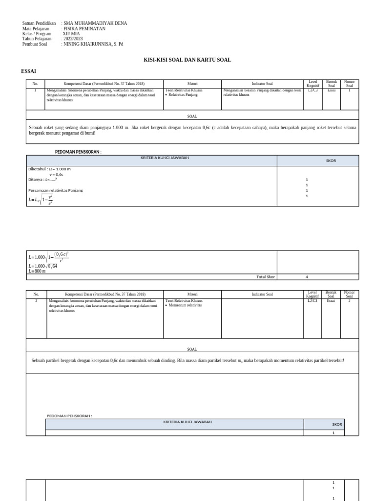 Format Kisi-Kisi, Kartu Soal Dan Pedoman Penskoran | PDF