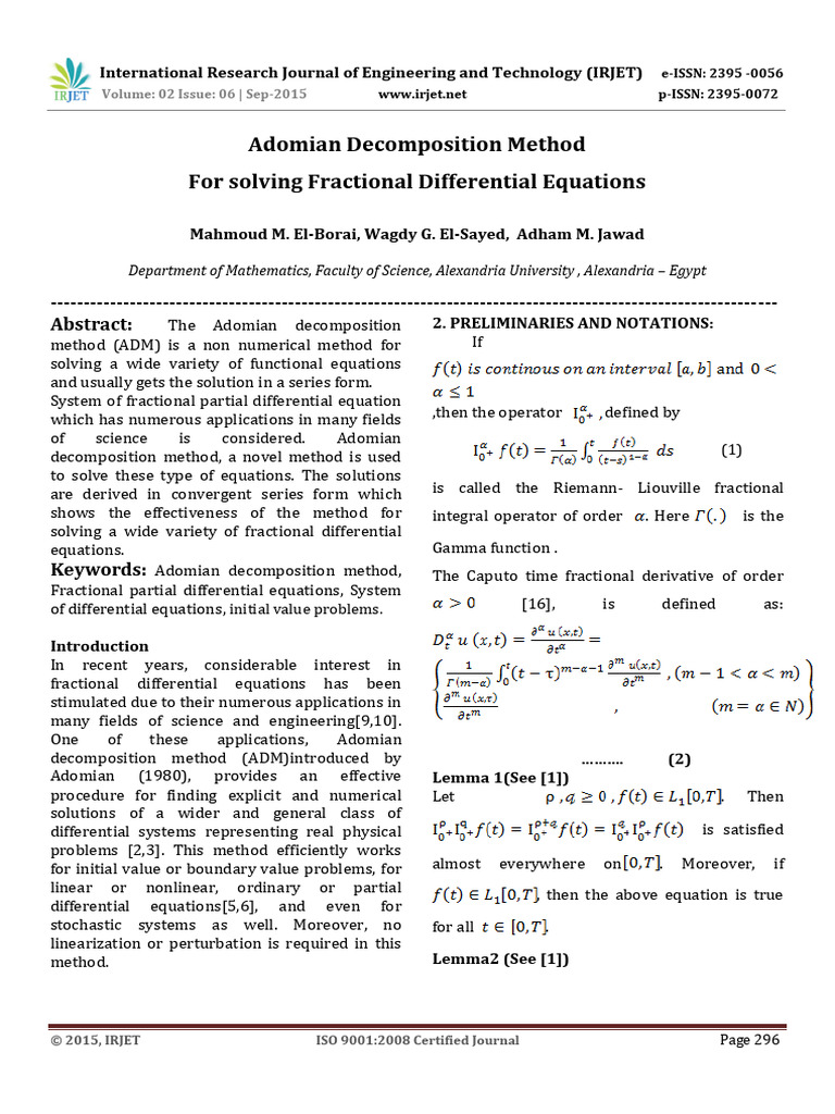 Adomian Decomposition Method For Solving Fractional Differential
