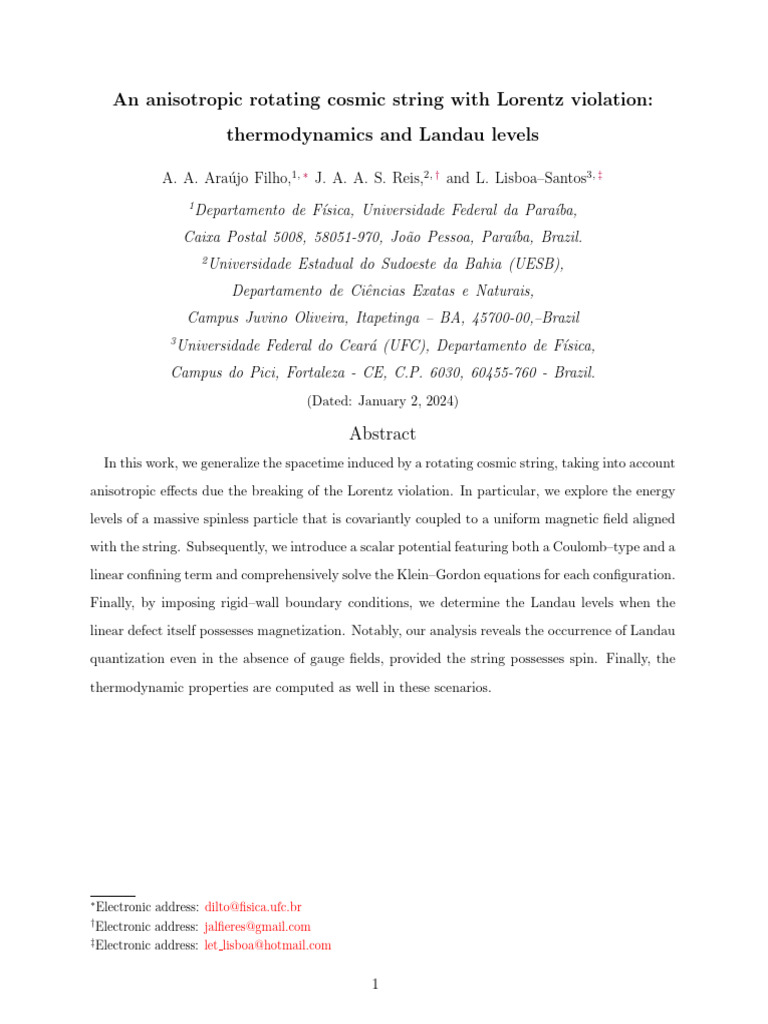 An Anisotropic Rotating Cosmic String With Lorentz Violation Thermodynamics and Landau Levels ...