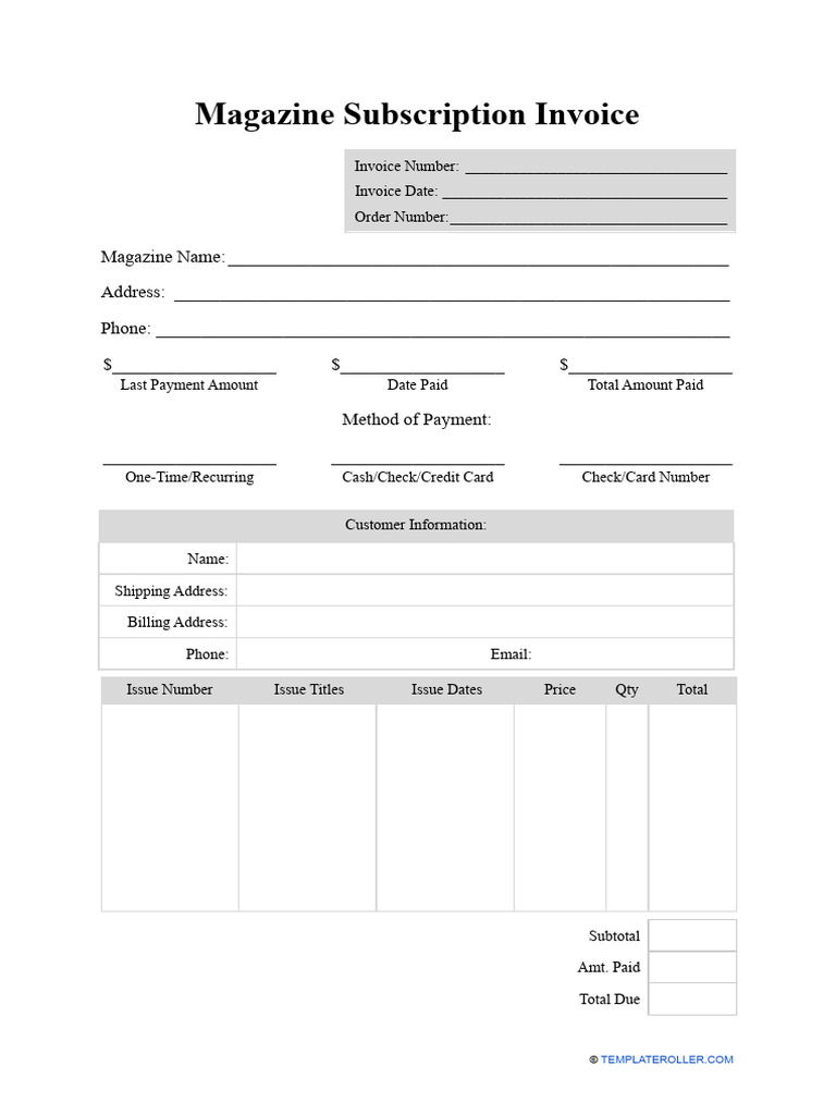 Magazine Subscription Invoice Template | PDF