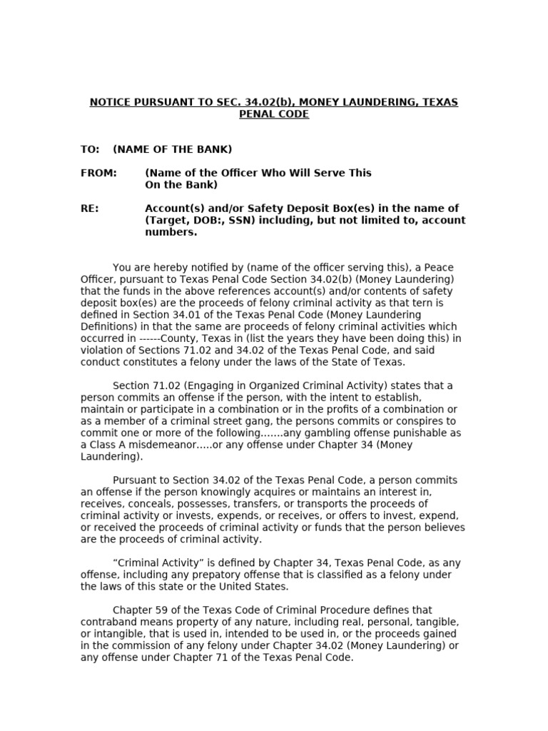Texas Money Laundering Notice | PDF | Crimes | Crime & Violence