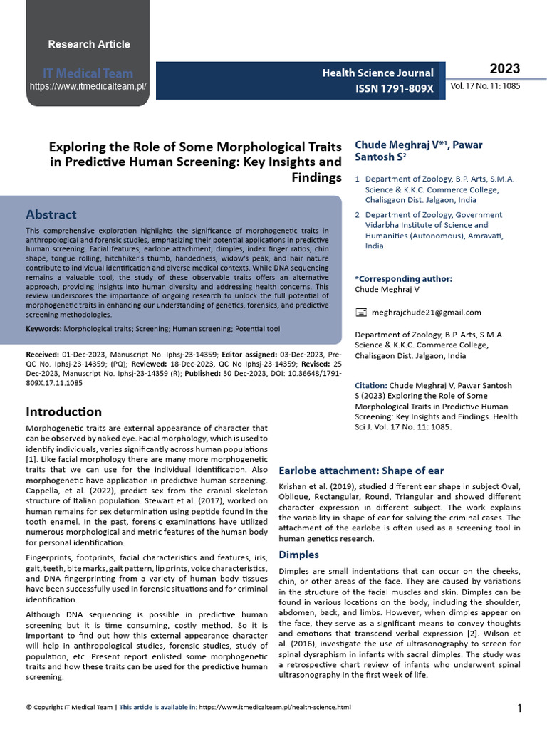 Exploring The Role of Some Morphological Traits in Predictive Human ...