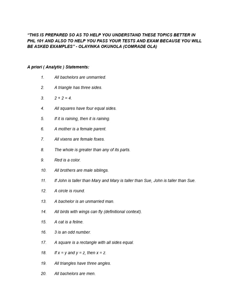Comrade Ola PHL 101 Examples On Different Topics | PDF | A Priori And A ...