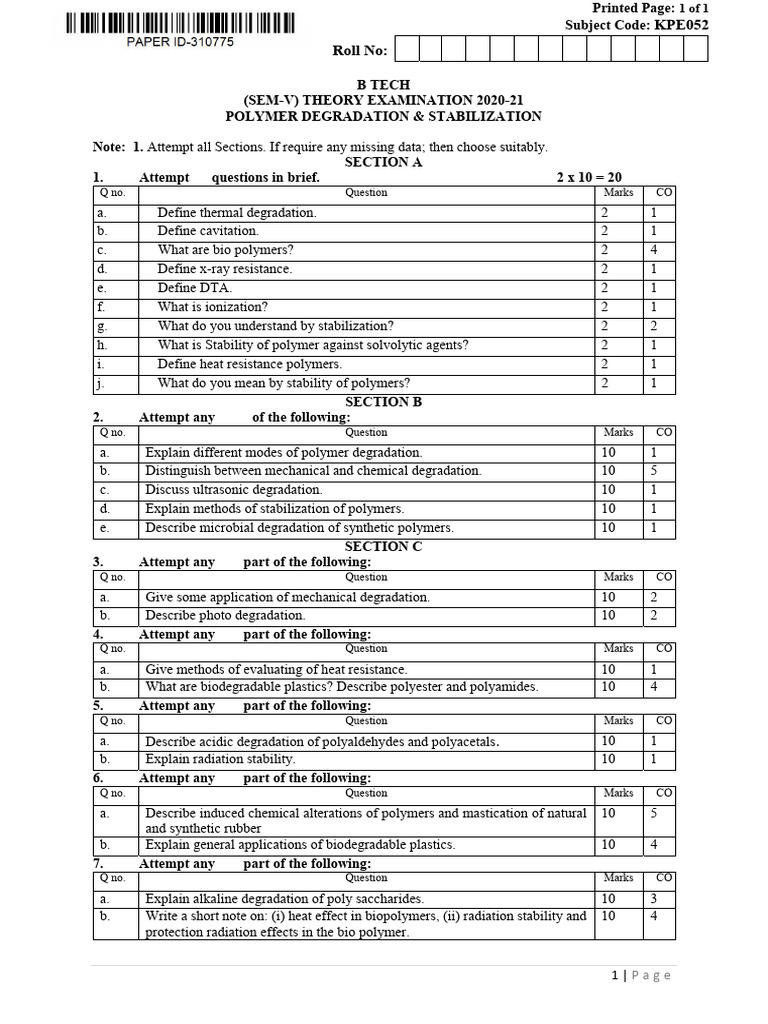 Btech Pe 5 Sem Polymer Degradation and Stabilization Kpe052 2021 | PDF | Biopolymer | Biodegradation