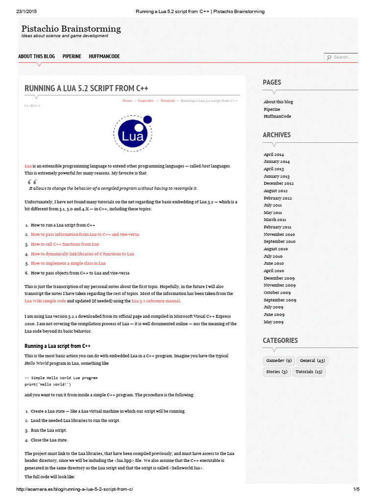 Running A Lua 5.2 Script From C++ | PDF | C++ | Scripting Language