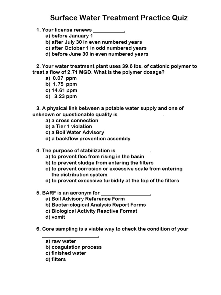 Surface Water Treatment Practice Quiz | PDF | Water Purification | Water