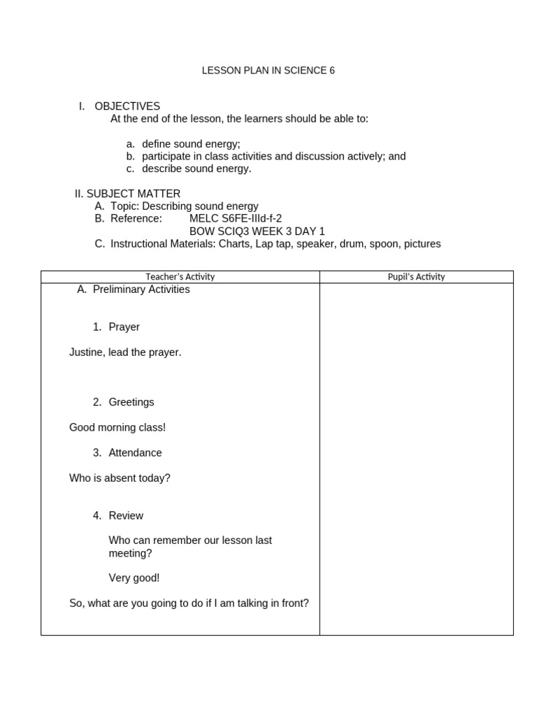 Lesson Plan in Science 6 | PDF | Sound | Lesson Plan