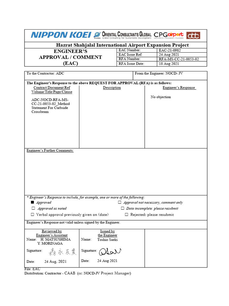 Hazrat Shahjalal International Airport Expansion Project Engineer Approval / Comment (EAC) | PDF