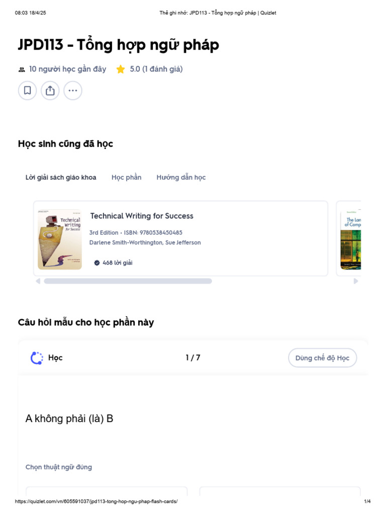 Thẻ ghi nhớ - JPD113 - Tổng hợp ngữ pháp - Quizlet | PDF
