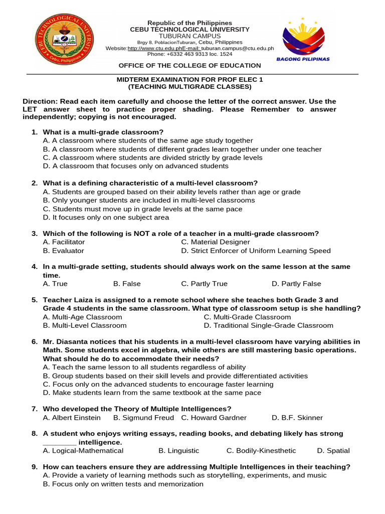 Prof Elec 1 Midterm Examination | PDF | Intelligence | Teachers