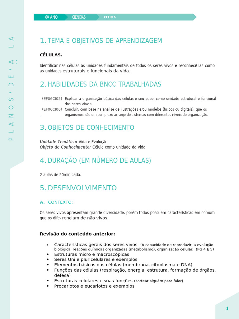 Plano de Aula - Ciencias 6ºano - Celula Como Unidade Básica Da Vida | PDF | Célula (Biologia ...