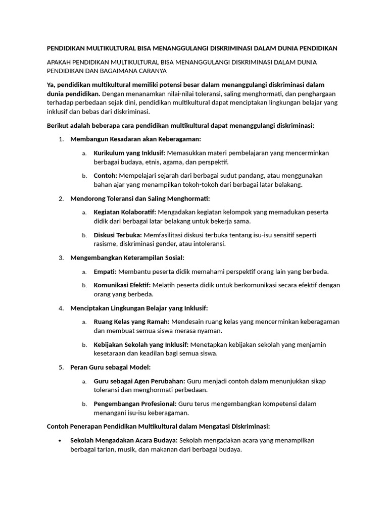 Pendidikan Multikultural Bisa Menanggulangi Diskriminasi Dalam Dunia Pendidikan Kel. 10 | PDF