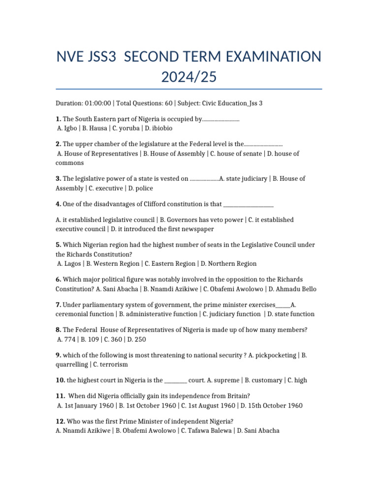 JSS3 Civic Education Exam 2024/25 | PDF | Nigeria | Legislature