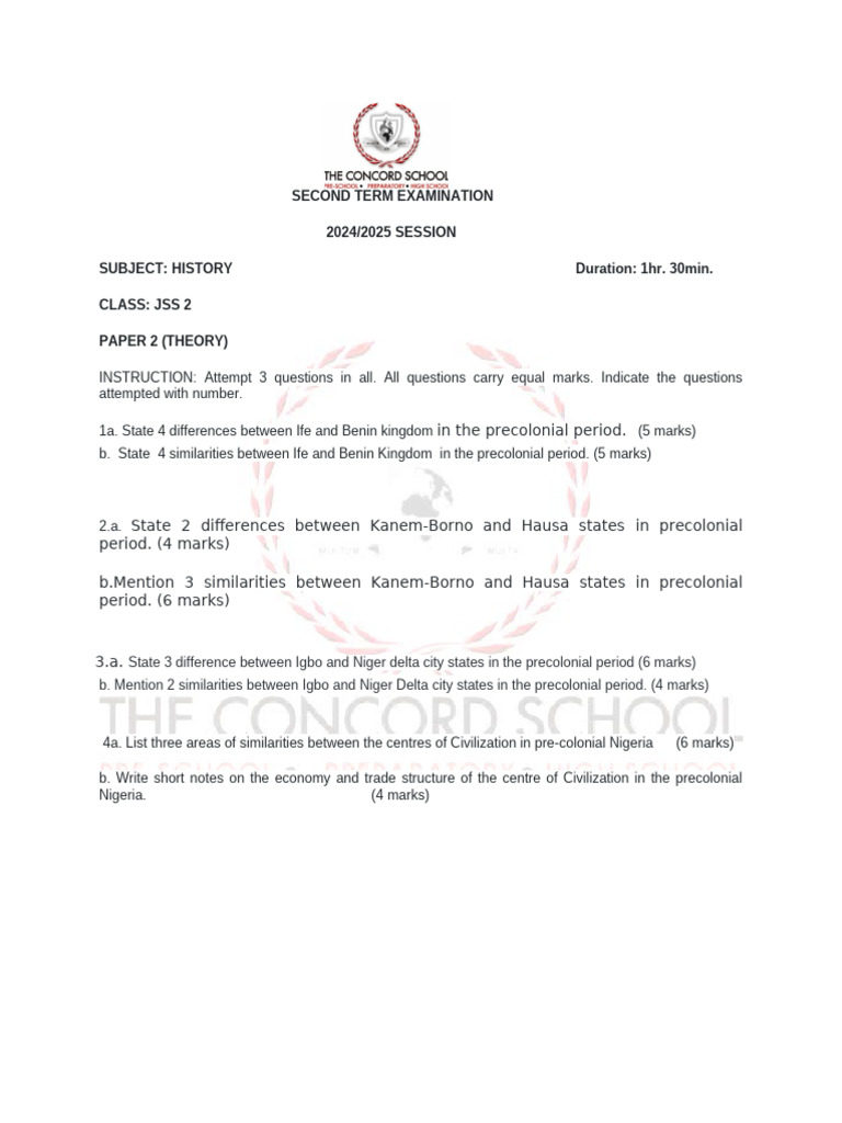 JSS 2 History Second Term Examination 2025 | PDF